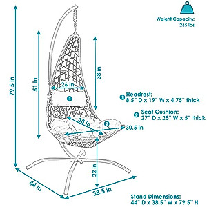 Sunnydaze Phoebe Hanging Lounge Chair with Stand and Seat Cushions - Resin Wicker Outdoor Basket Swing Chair with Steel Frame for Patio, Porch, Balcony, Backyard and Garden - 79-Inch - Red