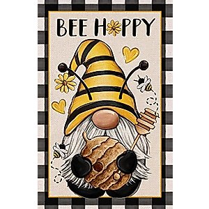 Covido Bee Happy Gnome Spring Decorative Garden Flag, Buffalo Plaid Check Summer Yard Outside Decorations, Farmhouse Outdoor Small Home Decor Double Sided 12 x 18