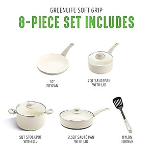 GreenLife Soft Grip 8 Piece Cookware Set, Non-Toxic PFAS-Free Ceramic Nonstick, Frying, Sauce, Sauté, Utensils, Glass Lids, Stay-Cool Handles, Wobble Free, Dishwasher & Oven Safe, Cream White