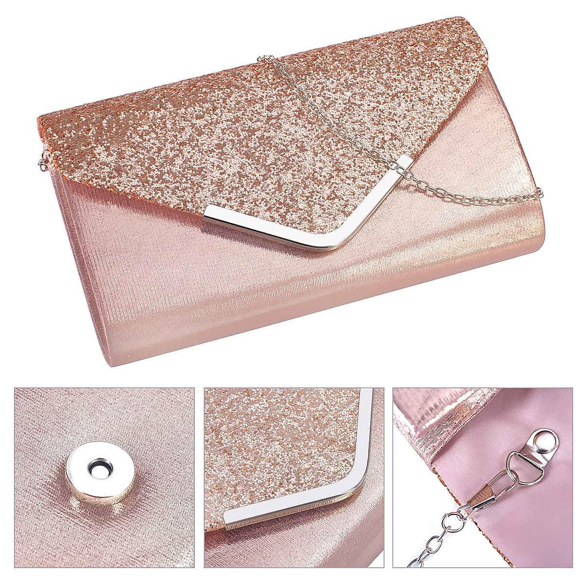 DIGOGO Sequins Flap Evening Purse Envelope Shaped Clutch Purse Chain Crossbody Shoulder Bag for Wedding Party Prom Ball Pink
