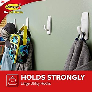 Command Large Utility Hooks, Damage Free Hanging Wall Hooks with Adhesive Strips, No Tools Wall Hooks for Hanging Decorations in Living Spaces, 7 White Hooks and 12 Command Strips