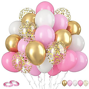 FunHot Pink and Gold Balloons, 60Pcs Retro Pink White Balloons, 12 Inch Metallic Gold Confetti Balloons Helium Light Pink Latex Party Balloons for Girls Baby Shower Birthday Princess Party Decorations
