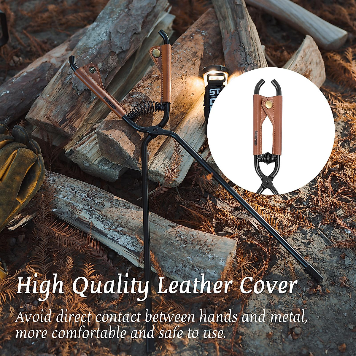 OMUKY Fireplace Tongs Log Claw Tongs with Faux Leather Handle Cover Log Grabber Clamp Tool for Indoor & Outdoor Camping Campfire Fireplace Fire Pit(Black)