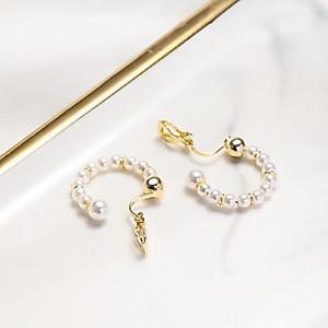 YOQUCOL Simulated Freshwater Pearl Golden Clip On Hoop Earrings Non Pierced Ears Hoops for Women(25MM)