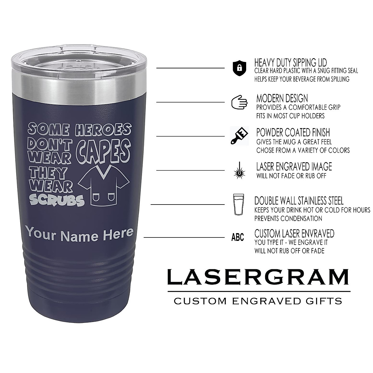 LaserGram 20oz Tumbler Mug | Some Heroes don't Wear Capes, They Wear Scrubs | Personalized Engraving Included (Navy Blue)