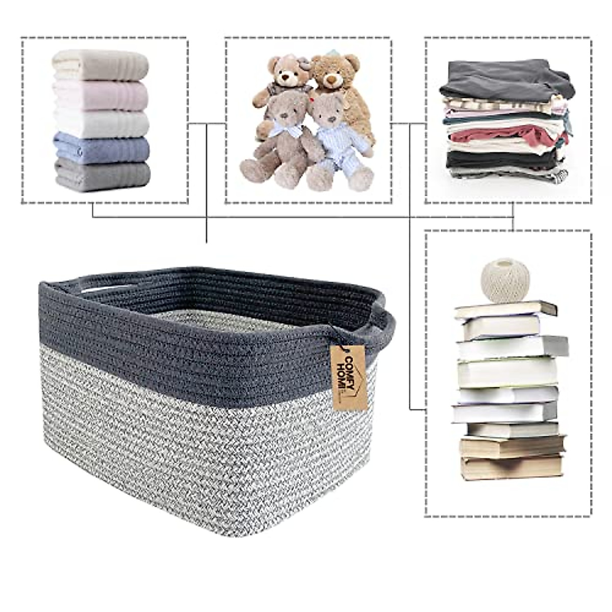 COMFY-HOMI Medium Rectangle Soft Cotton Rope Basket With Handles for Shelf, Gift, Towel, Blanket Storage Basket for Dog Toys Bin, Kid’s Room, Decorative Farmhouse 13.5" x 11" x 9.5"-Light Grey