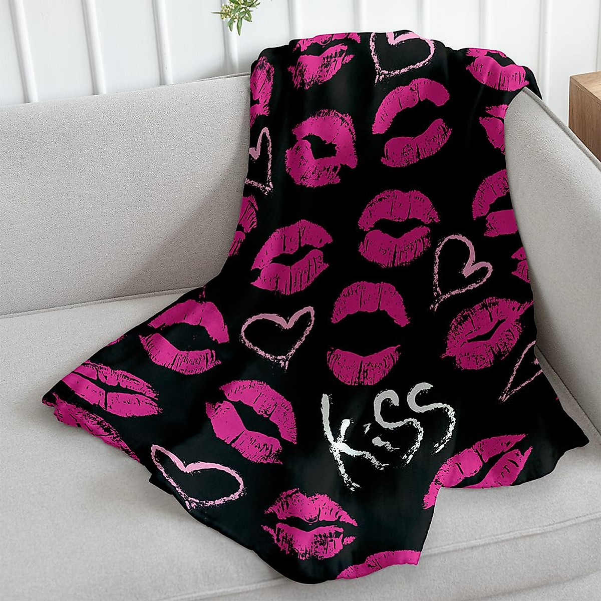 Infinity Republic - Kiss Kiss Black & Pink Soft Fleece Throw Blanket for Valentines Day Gifts- 50x60 Perfect for Living Rooms, Bedrooms, Kids' Rooms, Outdoors
