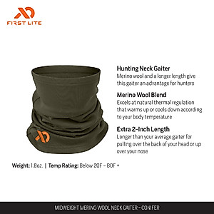 First Lite Midweight Merino Wool Neck Gaiter - Warm Hunting Face Mask - Conifer - One Size