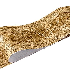 REDODECO 3D Flower Pattern Molding Peel Stick Wall Border for Home Decor Bathroom Kitchen,4 inch by 16.4 feet(Gold)