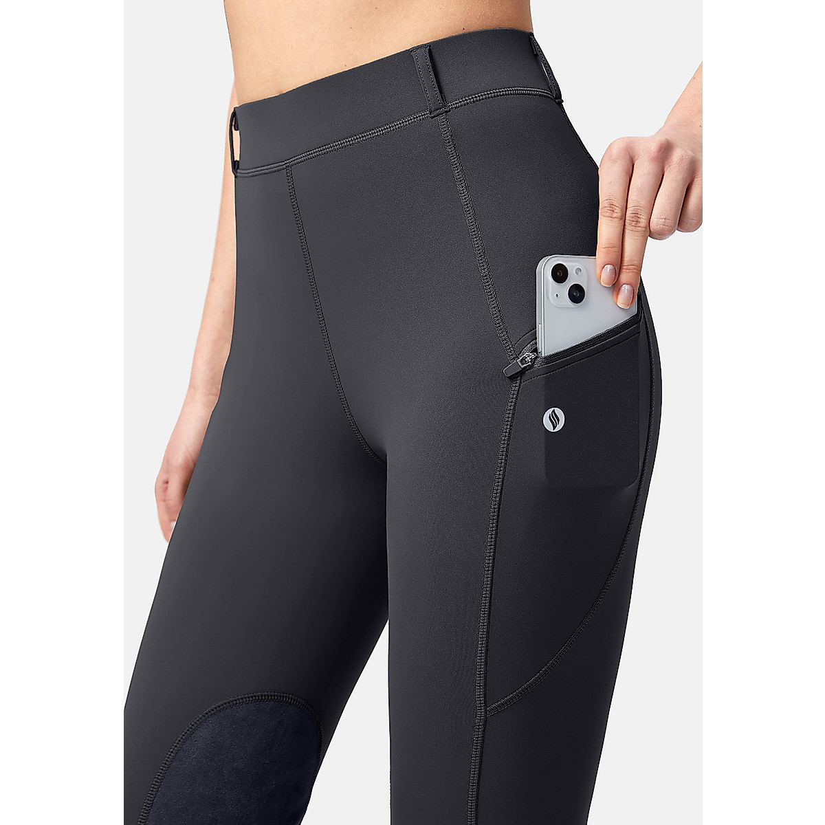 SANTINY Women's Horse Riding Pants with Zipper Pockets Knee-Patch Schooling Tights Equestrian Breeches for Women (Dark Grey_S)
