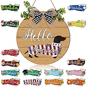 16 Pcs Interchangeable Dog Wooden Door Hanger Ornaments Rustic Dachshund Seasonal Home Sign Replaceable Hanging Vertical Welcome Sign Front Door Porch Decor for Wall Outdoor Christmas Fall Decoration