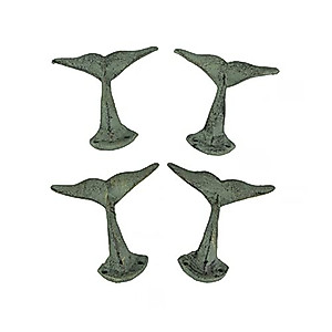 Set of 4 Verdigris Green Cast Iron Decorative Whale Tail Wall Hooks Coastal Decor 5 Inches Long