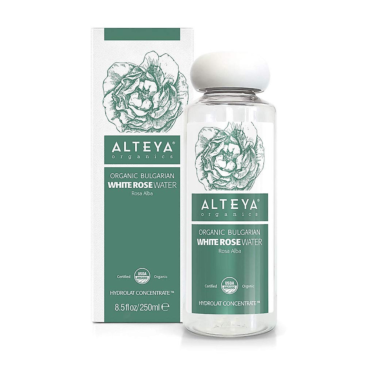 Alteya Organics White Rose Water USDA Certified Organic Facial Toner, 8.5 Fl Oz/250mL Pure Bulgarian Rosa Alba Flower Water,Award-Winning Moisturizer BPA-Free Bottle with Reducer