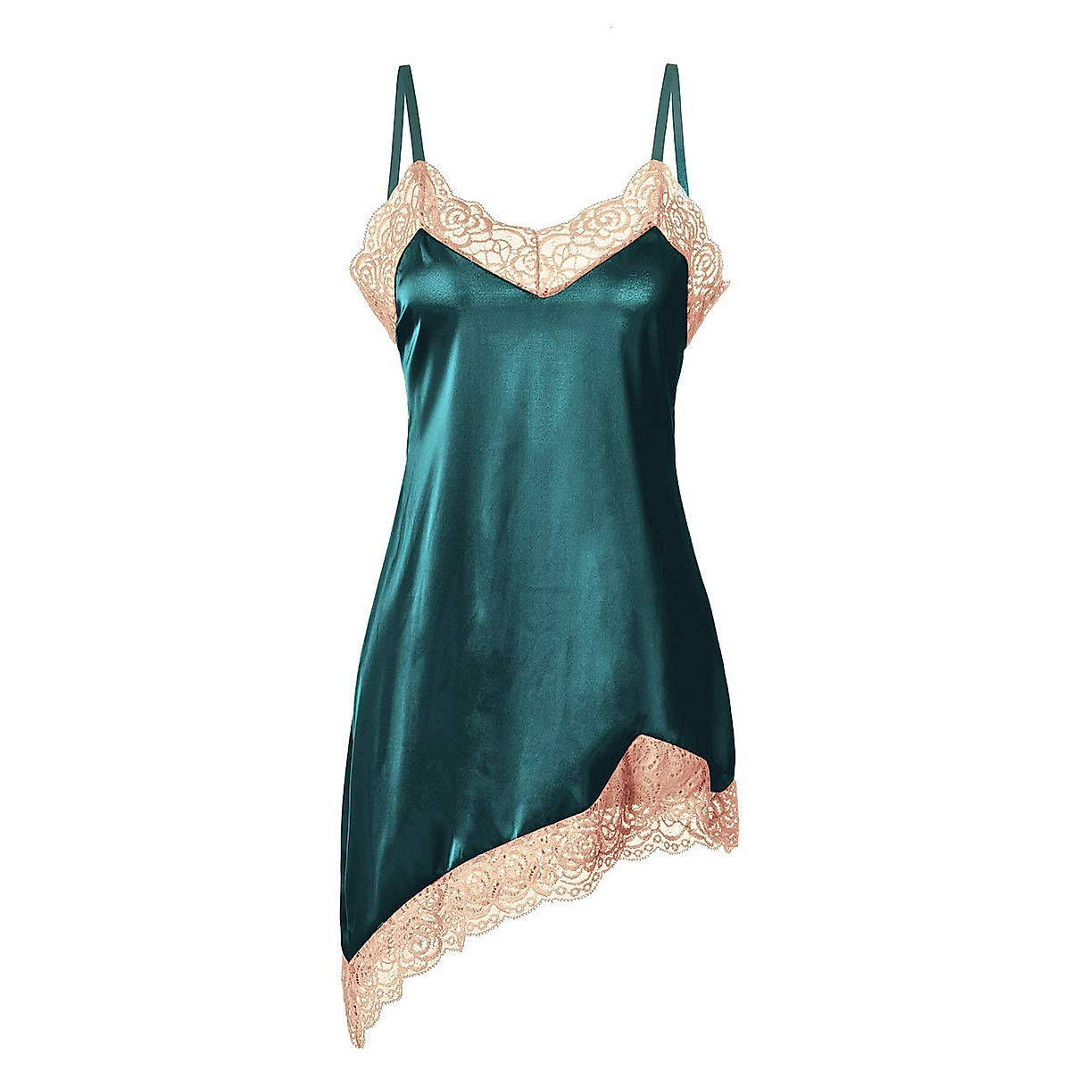 Pyroluna Satin Chemise Sexy Lingerie Halter Dress Lace Nightgown Sleepwear for Women (M, Dark green)