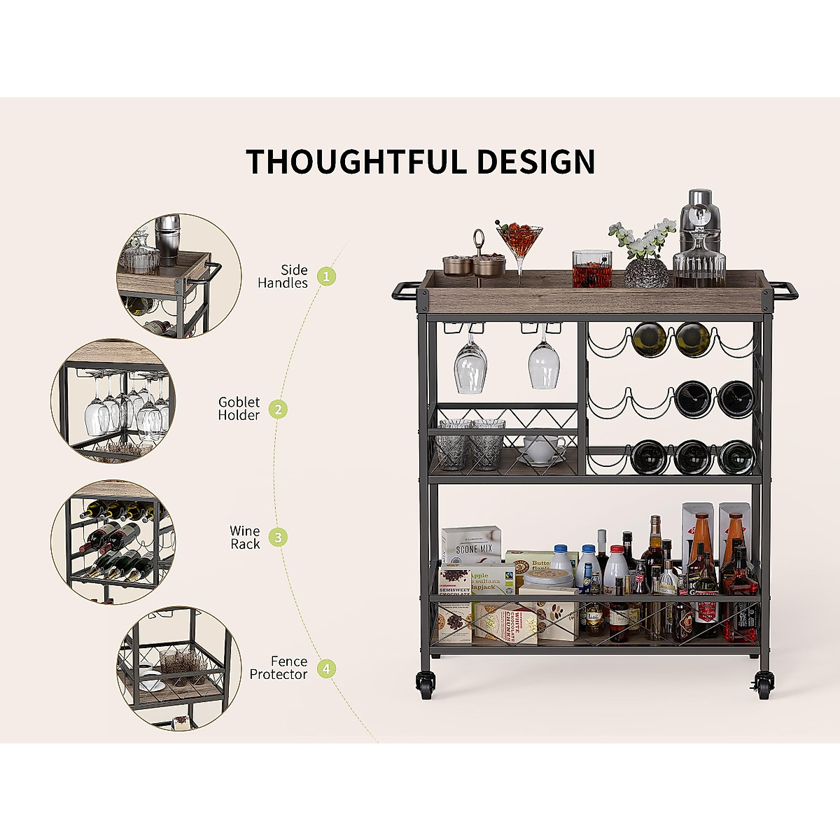 Gizoon 3 Tier 38" Home Bar Serving Cart with Large Storage Space, Mobile Kitchen Storage Trolley with Lockable Wheels, 12 Wine Rack, Glass Holder, Removable Tray (Gray)