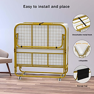 Folding Bed with Mattress, 75x38 Twin Size Fold Up Bed, 5-inch Memory Foam, Portable Foldable Roll Away Adult Bed with Lockable Wheels, Easy Assembly & Moving, Space-Saving (WhiteGold)