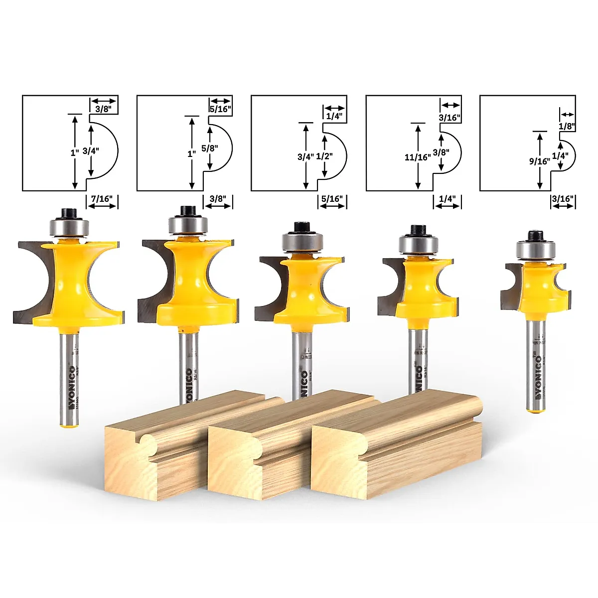 YONICO Bullnose Beading Router Bits Set 5 Bit 1/4-Inch Shank 13516q