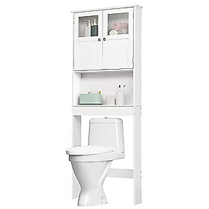 Bonnlo Over Toilet Storage, Bathroom Space Saver with Double Door Glass Window Cabinet Tower with Adjustable Shelf (White)