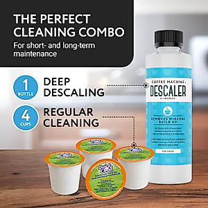 IMPRESA Cleaning and Descaler Kit - 2 Uses Per Bottle Plus 4 Cleaning Cups Compatible with Keurig K-Cup Pod Machines - Made in USA - Universal Descaling Solution and Stain Remover