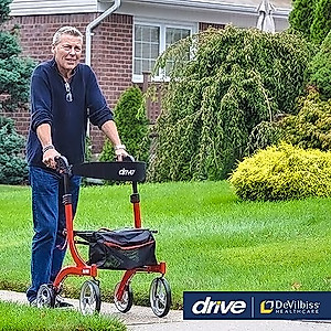 Drive Medical Nitro Dual Function Transport Wheelchair and Rollator Rolling Walker Combo with Hand Activated Brakes and Back Support, Red