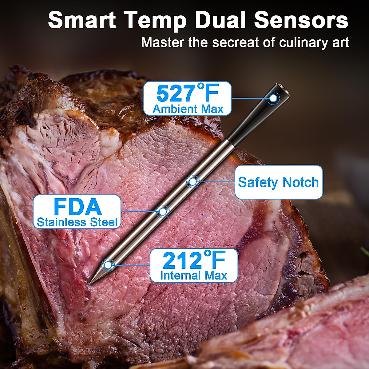 Smart Wireless Meat Thermometer - 500ft Long Range, IPX7 Waterproof Bluetooth 5.3 Digital Kitchen Food Thermometer with APP Control for BBQ, Oven, Grill, Smoker, Rotisserie, Air Fryer