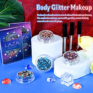 Laza Independence Day Body Glitter, 2 Jars Red Blue White Chunky Sequins with Glue Women Eyeshadow 4th of July Face Paint Festival Rave Outfit Hair Accessories Party Costumes – Circus Carnival