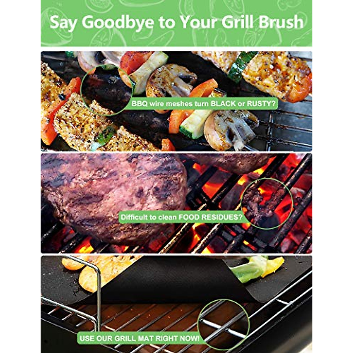 Grill Mat 6 Pcs, 100% Non-Stick HEADMALL BBQ Mats, Easy to Clean, For Barbecue Grilling & Baking, Electric Grill Gas Charcoal BBQ - 15.75 x 13 inch
