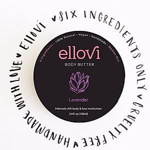 Ellovi All-Natural Body Butter - Lavender - Pure Enough to Eat - Made With Just 6 Vegan Ingredients - Ultra-Rich 100% Plant-Based Hydrating Moisturizer For Naturally Healthy Skin (3.4 fl. oz/100ml)