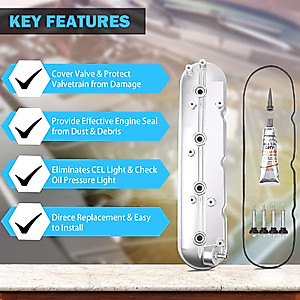 Valve Cover with Gaskets - Compatible with 1999-2010 4.8L, 5.3L, 5.7L, 6.0L, 6.2L Chevy Silverado, Suburban, Tahoe, Trailblazer, GMC Sierra, Yukon, Cadillac Escalade - Replace 12570427 264-965