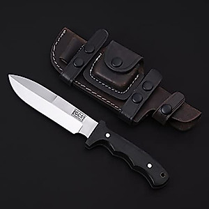 GCS Handmade Bushcraft Survival Knife - Tactical, Hunting, Camping with Grippy Micarta Handle, D2 Tool Steel, Leather Sheath; Left Hand Cross Draw & Right Hand Scout Carry - GCS115
