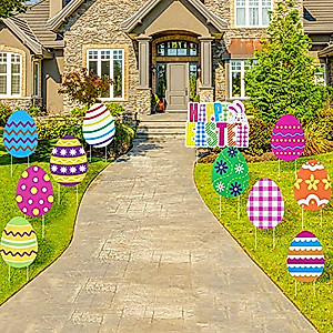 Cosyway 11 PCS Easter Yard Signs, Outdoor Easter Decorations Yard Stakes Waterproof Plastic Egg Shaped and Happy Easter Signs for Lawn Yard Garden Holiday Decor