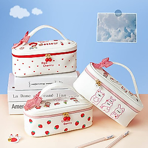 Cute Strawberry Printed Large Capacity Pencil Case Japanese Corduroy Pen Holder Kawaii Stationery Pouch Makeup Cosmetics Bag for Back to Scool Students (Heart)
