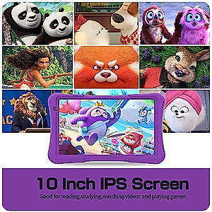 Kids Tablet 10 inch Android 12, Tablet PC with 32GB Storage, Parental Control, Educational, 10.1'' IPS HD Display, Dual Camera, 6000mAh, WiFi, with Silicone Kid-Proof Case, Gift for Girls (Purple)