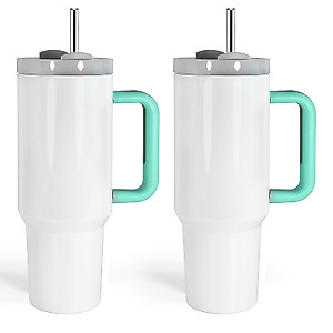 AGH 2 Pack 40 oz Sublimation White Tumbler with Blue Handle and Stainless Steel Straw, Insulated Double Wall Vacuum Reusable Cups with Leakproof Lid, Travel Mugs Blank for Party,Home,Driving,Office