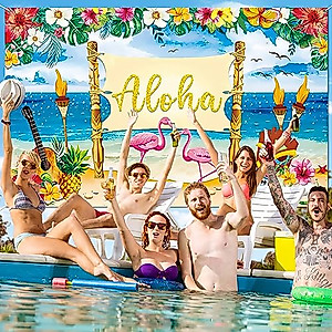 HiParty Hawaiian Luau Party Decorations - Aloha Luau Backdrop for Birthday Party Supplies Summer Beach Banner Background for Musical Tropical Tiki Hawaii Themed Party Decoration 71 x 44 Inch