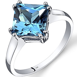 PEORA Swiss Blue Topaz Solitaire Ring for Women 14K White Gold, Natural Gemstone Birthstone, 2.75 Carats Princess Cut 8mm, Size 7
