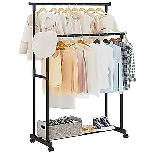 Calmootey Double Rods Clothing Garment Rack, Rolling Clothes Rack with Wheels, Hanging Clothes Organizer for Bedroom, Hallway, Black