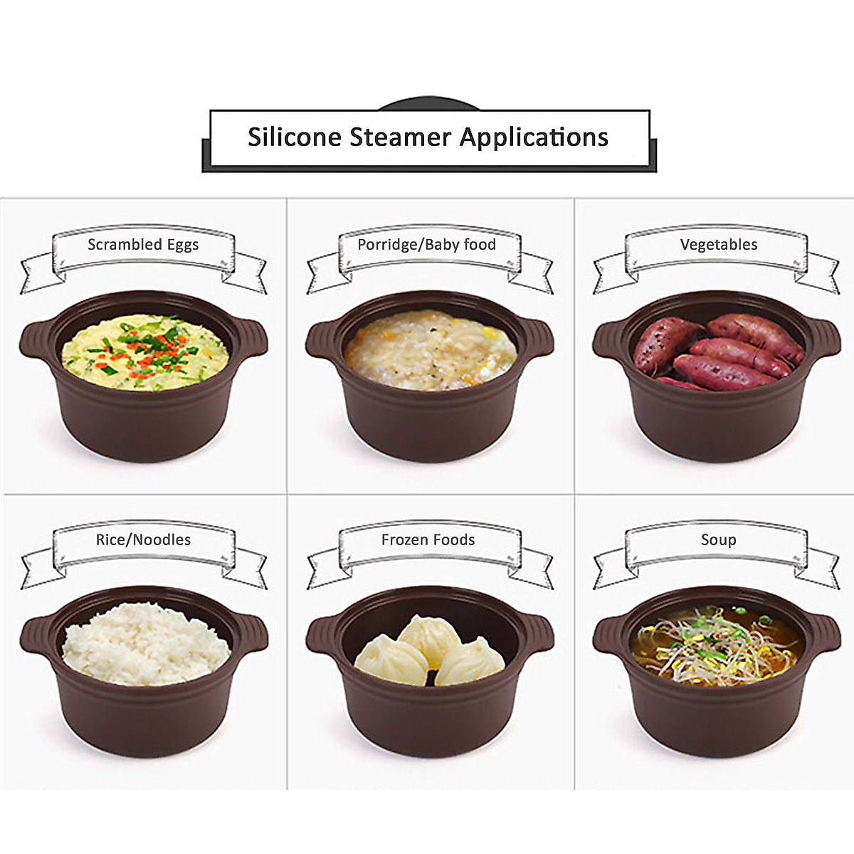 (Set of 2) Microwave Silicone Food Steamer with Handle & Lid, Kitchen Nonstick Egg Steaming Pot, Dishwasher & Oven Safe up to 482 °F, Easy to Clean, Made in Korea (20.3 Fl Oz (600ml, 2.5 Cups), Clear Lid)