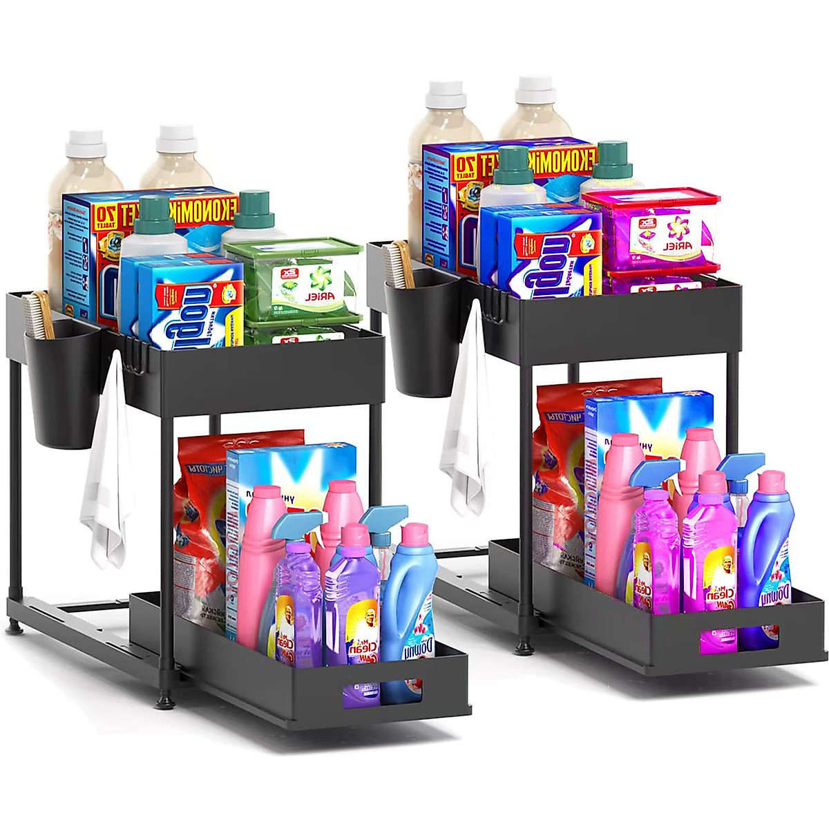 NYYTGE Under Sink Organizer Under Bathroom Cabinet Storage 2 Tier Storage Rack with 4 Hooks, Under Cabinet Organizer Baskets, Multi-Purpose Under Sink Shelf Organizer for Bathroom Kitchen