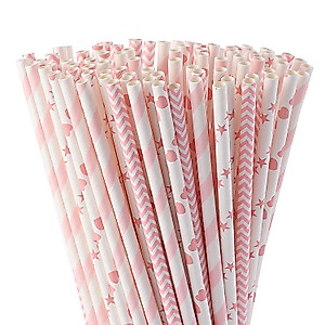 ALINK Biodegradable Pink Paper Straws, Pack of 100 Party Straws for Juice, Cocktail, Smoothies, Birthday, Wedding, Bridal/Baby Shower and Christmas Decorations