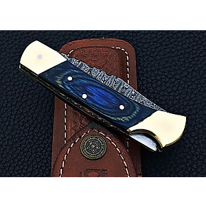 Smart & Sharp Custom Handmade Damascus Steel Folding Knife/Pocket Knife AR-17395 (Blue Colored wood) (blue)