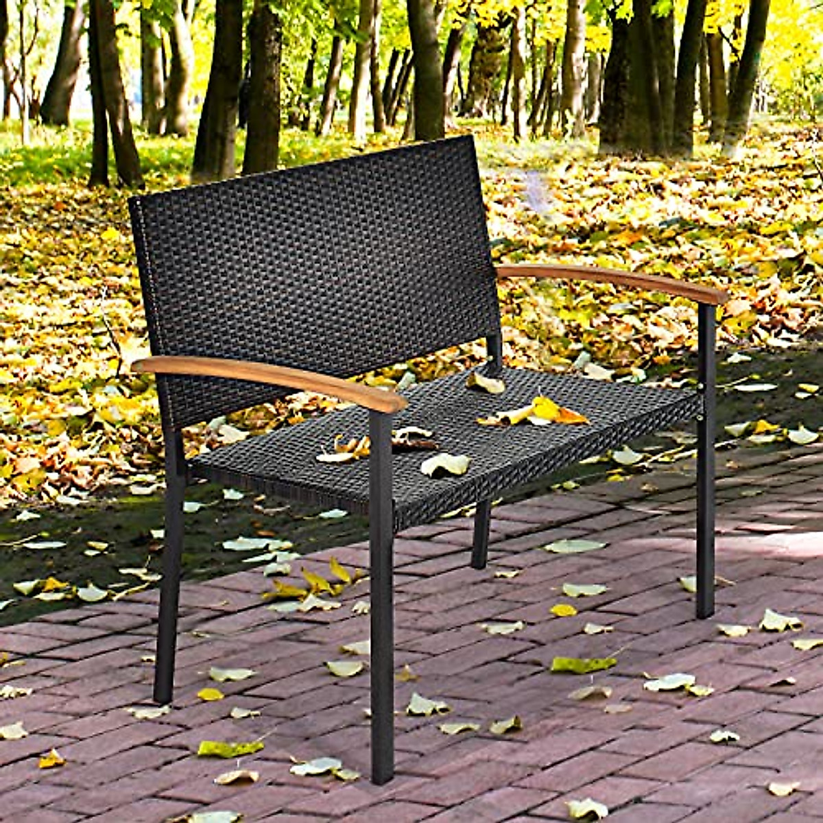 Tangkula Patio Wicker Bench, All Weather Rattan Bench w/Acacia Wood Armrest, Outdoor Loveseat Chair, Lightweight Patio Stackable Dining Bench for Front Porch, Backyard, Lawn, Garden, Pool, Deck