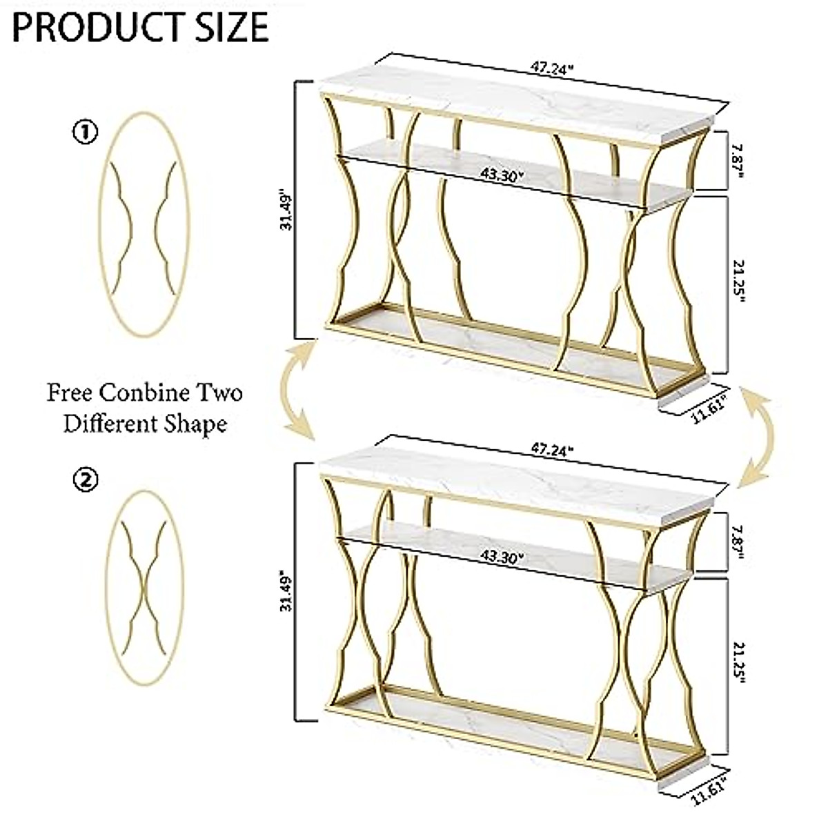 Modern Console Table Entryway, 47.24" Faux Marble Narrow Sofa Table Free Combine Two Different Shape for Hallway Entrance Hall Foyer Corridor Living Room Gold Base (Gold)