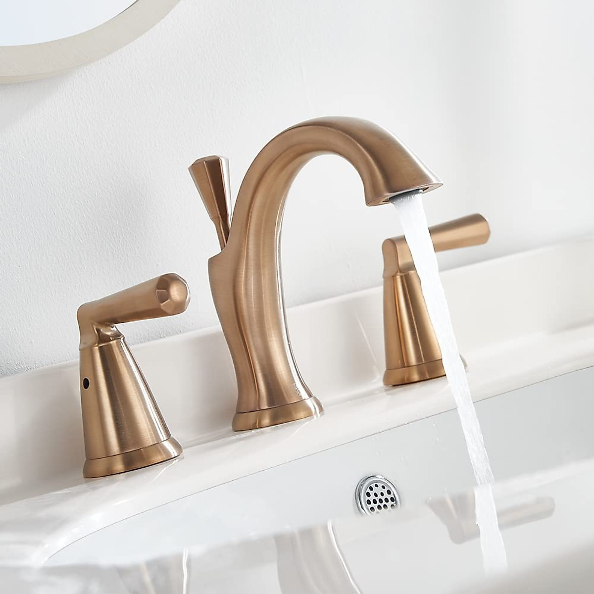 ENZO RODI 8 inch Bathroom Faucets Widespread Brushed Gold, Two-Handle Bath Lavatory Sink Faucet, for 3-Holes Wide, with Metal Lift Pop-up Drain Assembly, Transitional Mid-Arc Spout