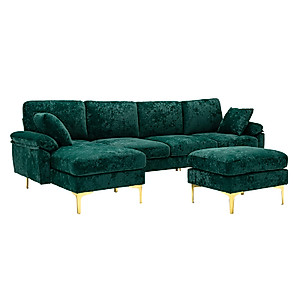 KIVENJAJA U-Shaped Sectional Sofa Couch, Modern Velvet L-Shaped Couch Set with Chaise Lounge, Ottoman and Pillows for Living Room Office Apartment, 114 inches (Emerald Green)