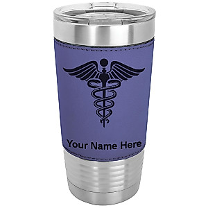 LaserGram 20oz Vacuum Insulated Tumbler Mug, Caduceus Medical Symbol, Personalized Engraving Included (Faux Leather, Dark Purple)