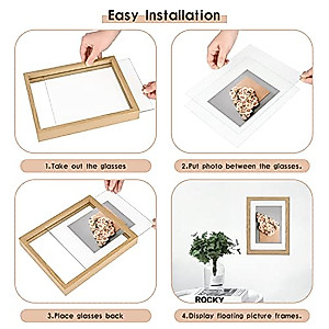 MUYE 5x7 Floating Frame Set of 2,Double Glass Rustic Photo Frame for Wall Hanging or Tabletop Standing,Also Display 4x6 or 3x5 Photo for Floating Effect,Natural