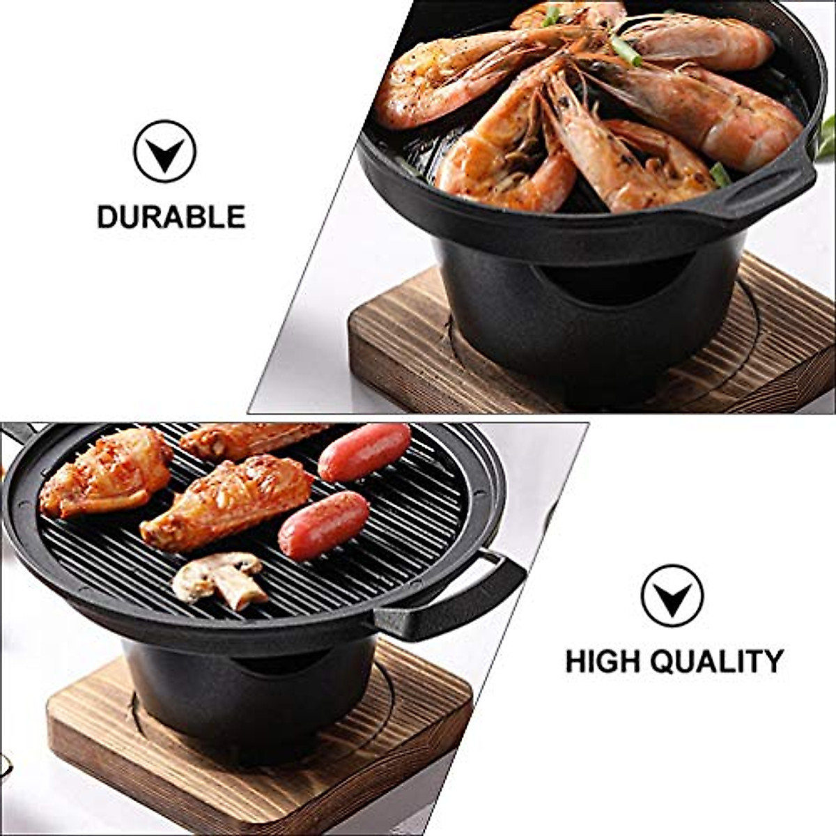 Yardwe Portable Charcoal Grill Japanese Style Charcoal Grill Portable Hibachi Konro Grill Nonstick Die-Cast Aluminum BBQ Stove with Wooden Board for Household Outdoor Camping Cooking Indoor Grill