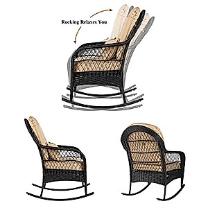 B BAIJIAWEI Outdoor Wicker Rocking Chair All Weather Wicker Rocker Chair with Cushions for Garden Patio Yard Porch Lawn Balcony Backyard (1PC-Black Wicker-Khaki)