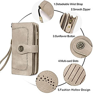 CLUCI Wallet for Women Leather Large Capacity Purse Wristlet Clutch RFID Blocking Credit Card Holder with ID Window Two-toned Gray